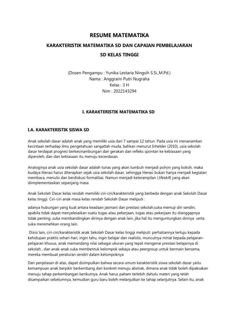 Resume Matematika: Karakteristik Matematika SD Dan Capaian Pembelajaran ...