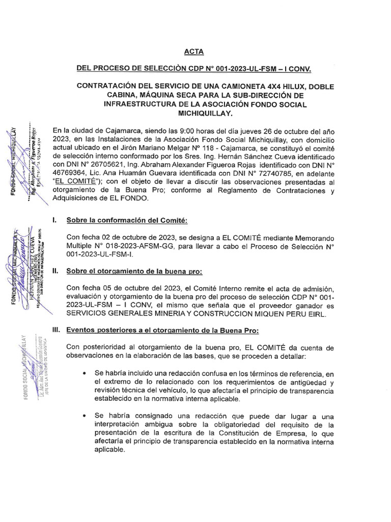 Acta Proceso de Selecciòn CDP #001-2023-Ul-Fsm - I Conv | PDF