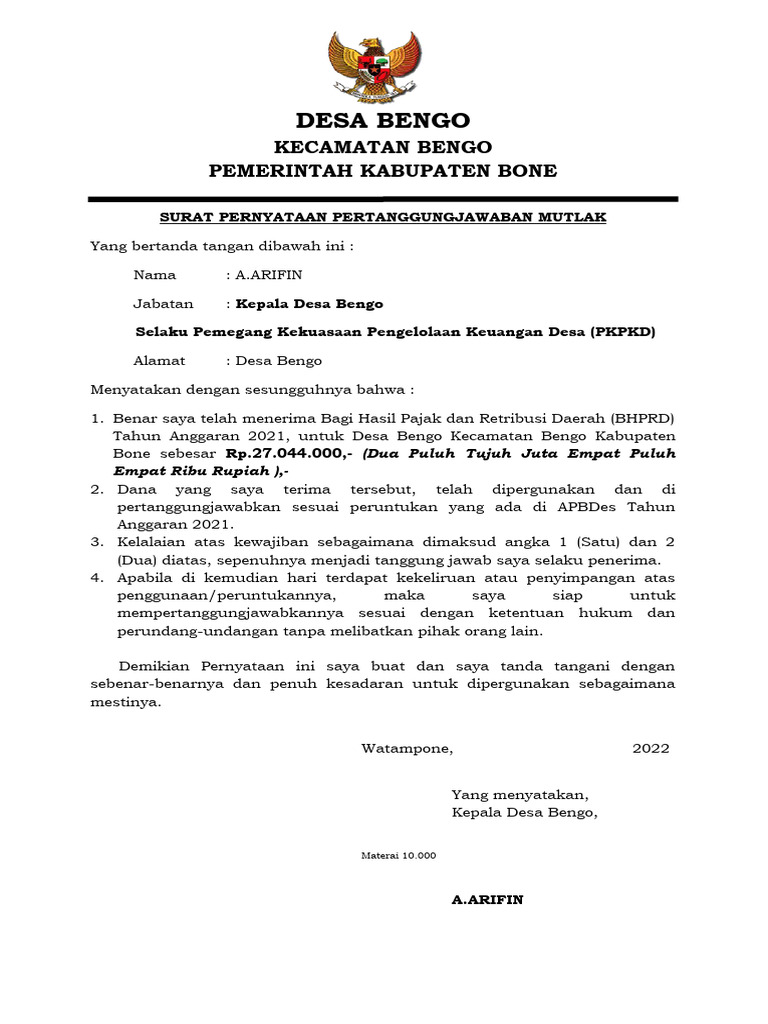Surat Perny - Tanggungjawab Mutlak Kades PKPKD | PDF