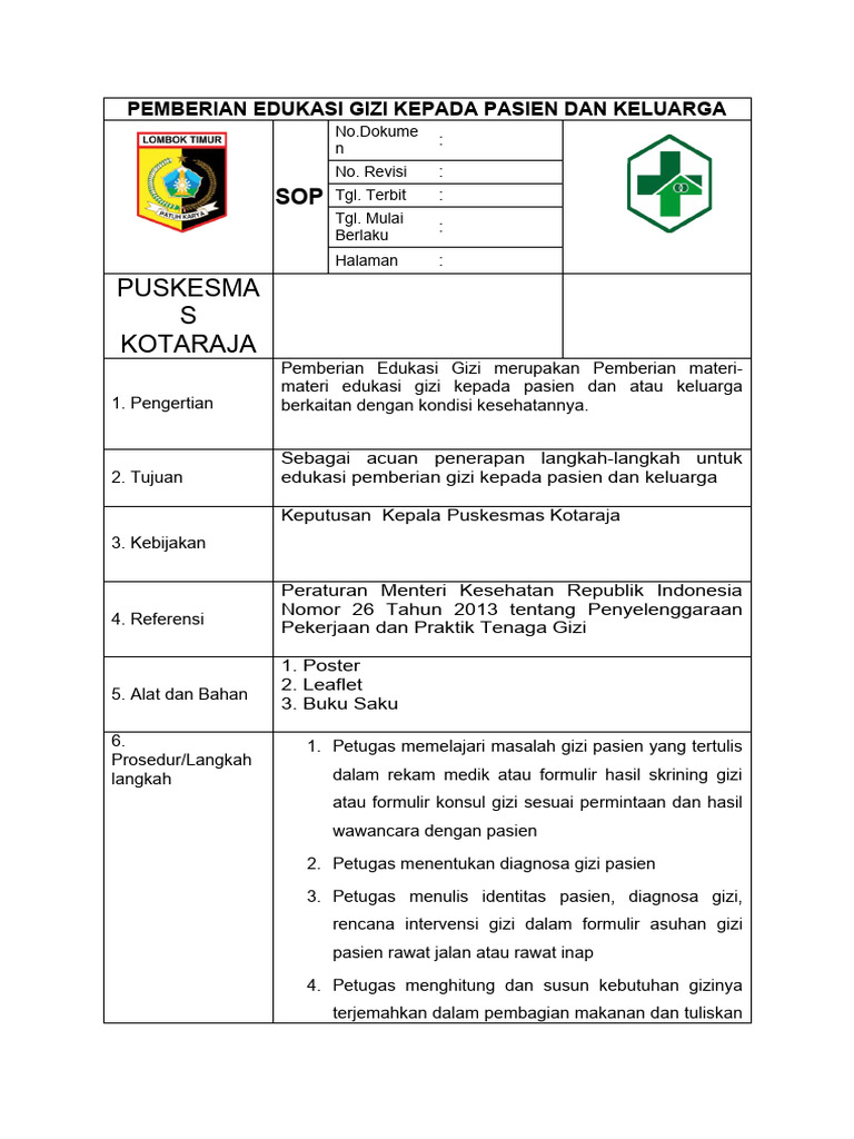 Sop Pemberian Edukasi Gizi Kepada Pasien Dan Keluarga | PDF