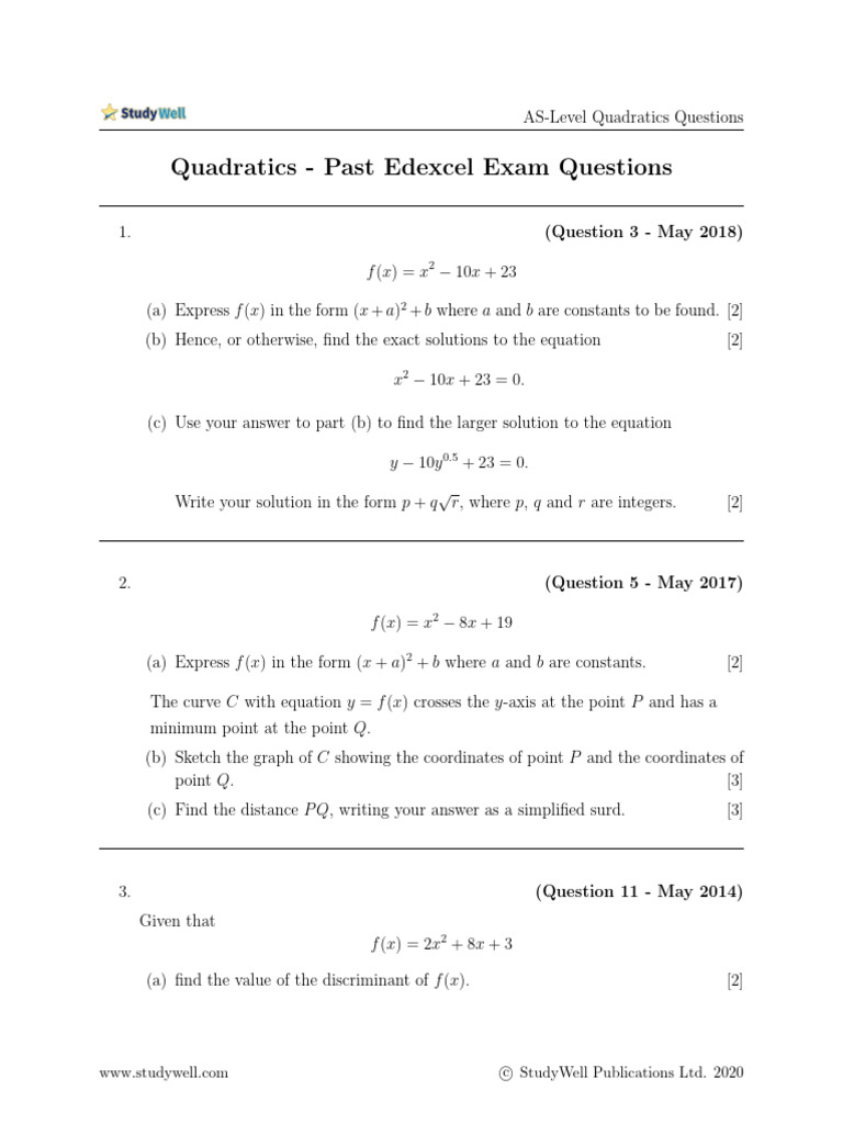 Quadratics Exam Questions | PDF