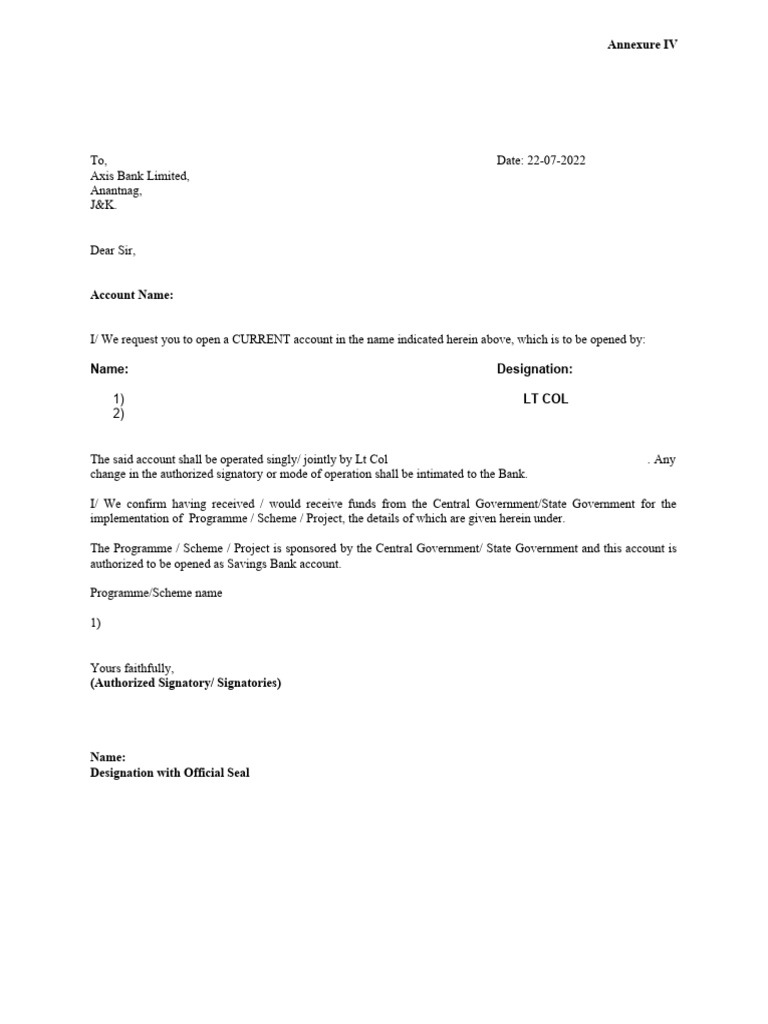 Axis Bank Annexure IV Account Opening Request | PDF
