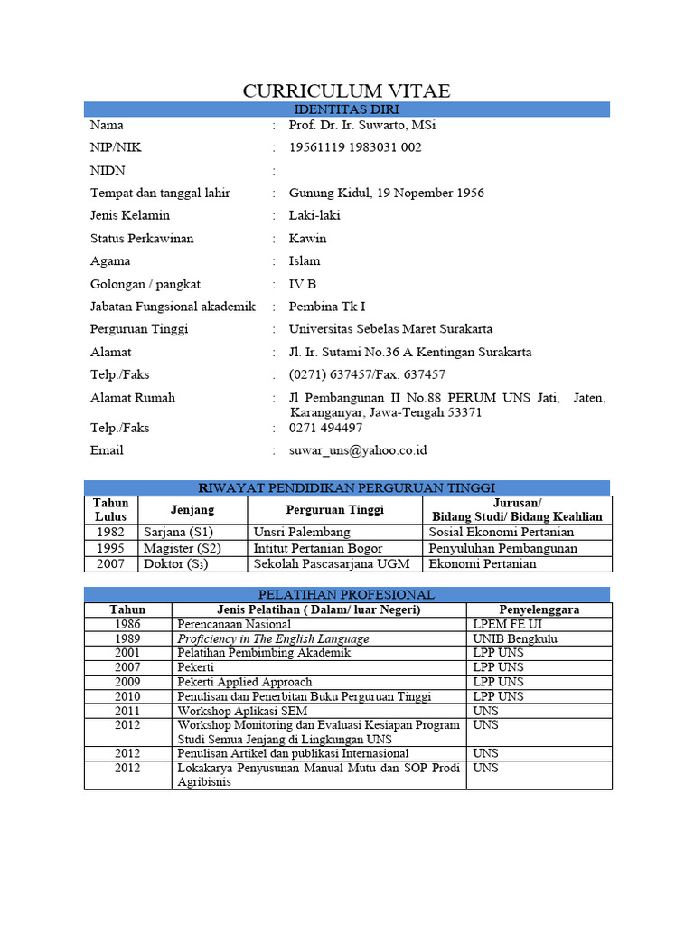 CV Prof. Dr. Ir. Suwarto, MSi | PDF