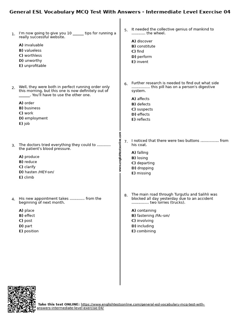 ESL Vocabulary MCQ Test for Intermediate | PDF