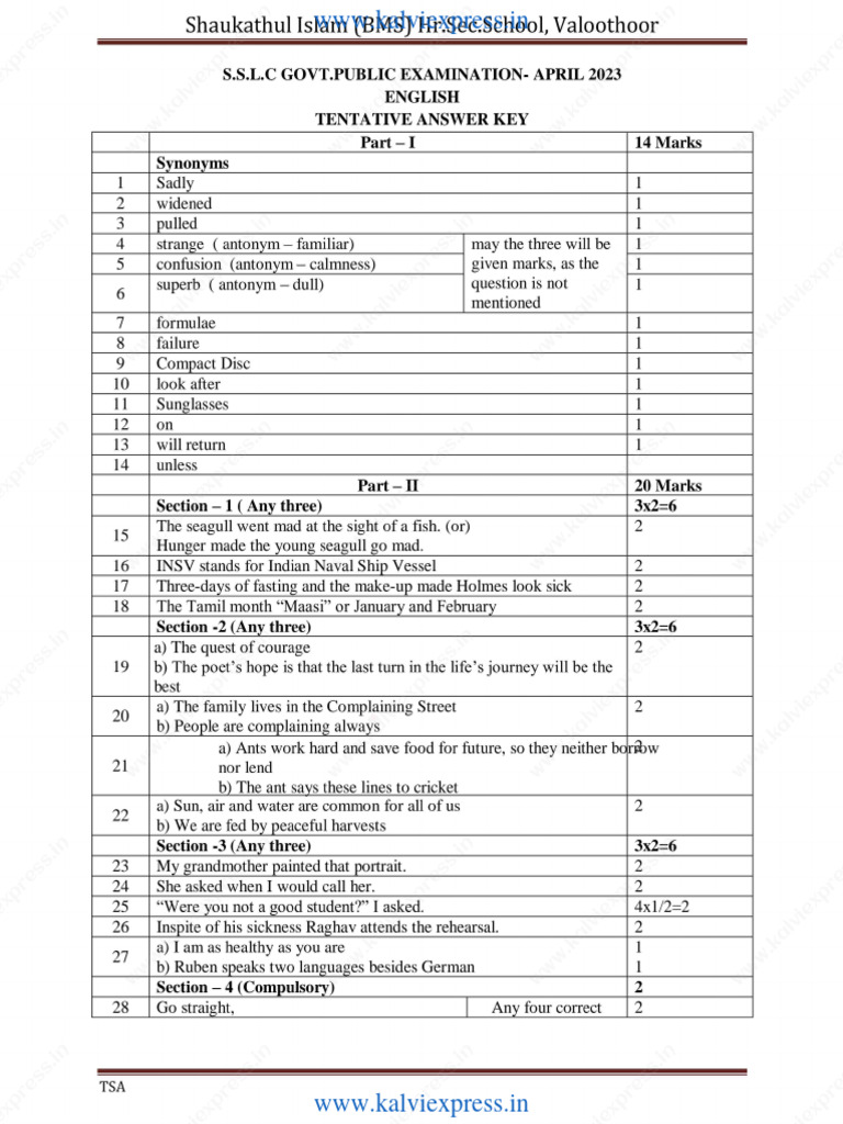 10Th English Public Exam Answer Key 2023 | PDF