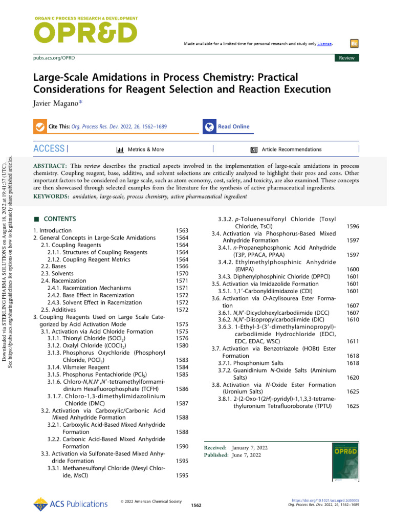 Large-Scale Amidations in Process Chemistry-Practical Considerations For Reagent Selection and ...