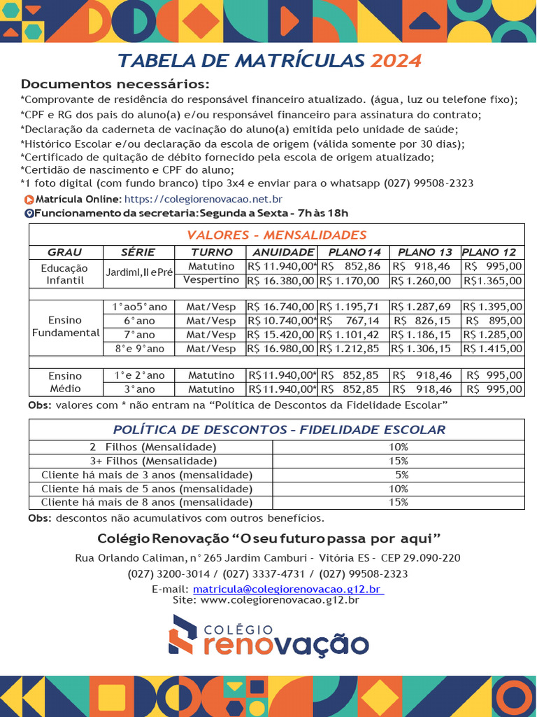 Tabela-de-Preços-Matricula-2024 - Final | PDF