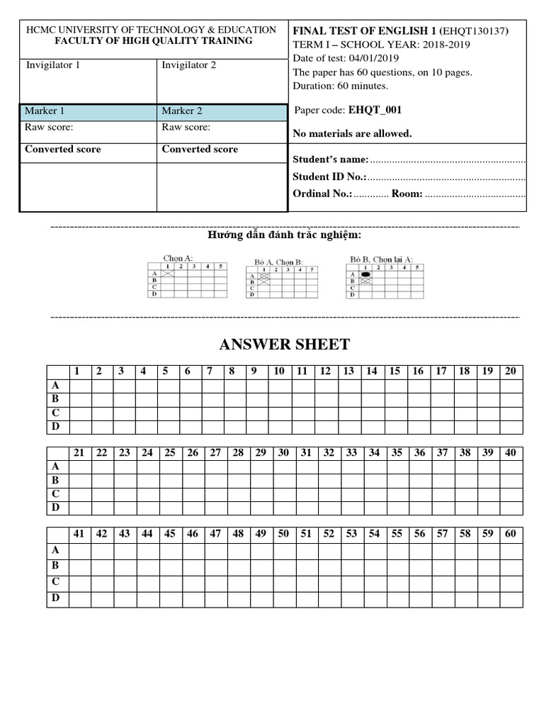 Final English 1 - EHQT - HK1 - 2018-2019 KEY - 001 | PDF
