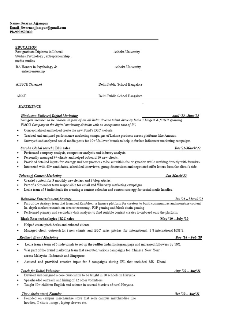 Swarna - Ajjampur - CV - 2023 - Final - HUL - Internship - Swarna Rachna Ajjampur | PDF