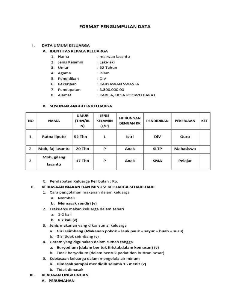 FORMAT PENGUMPULAN DATA Keluarga 1 | PDF