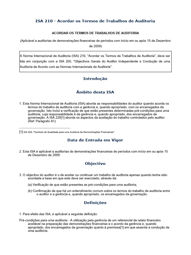 ISA 210: Termos de Auditoria | PDF | Contabilidade | Informação