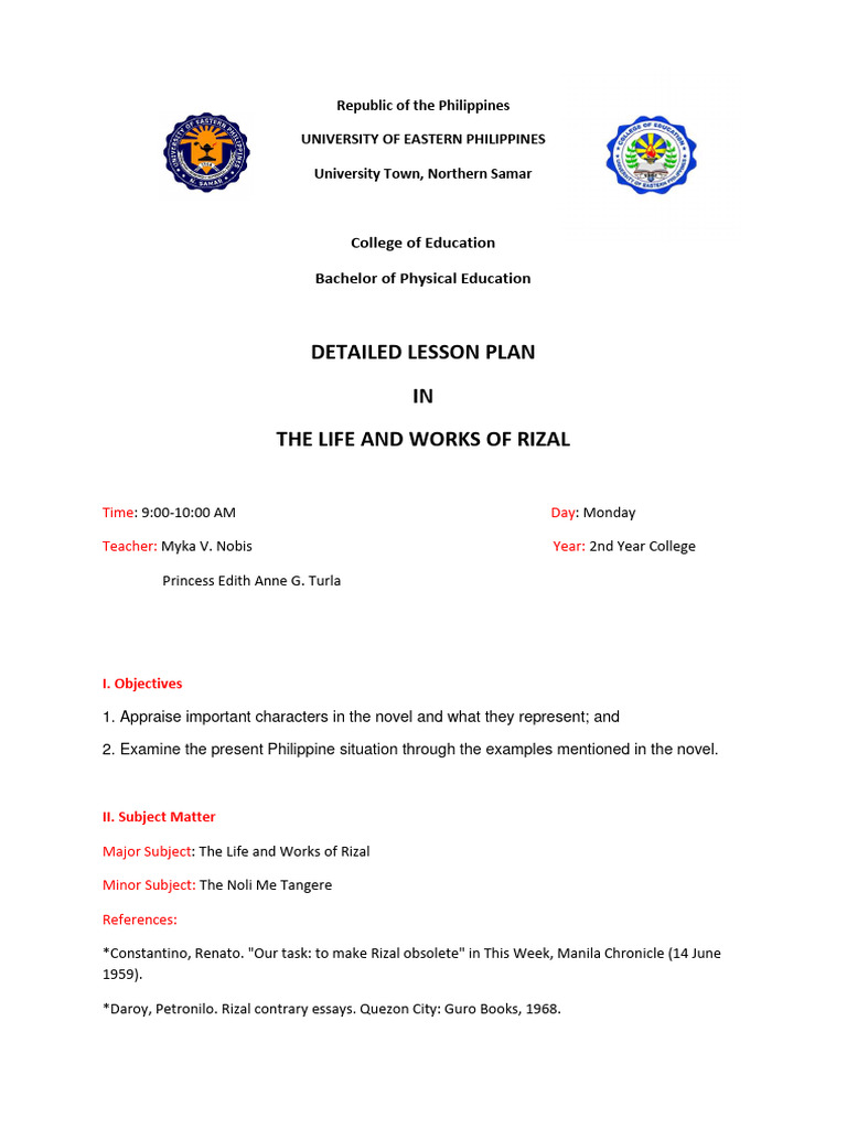 Final Lesson Plan in Rizal 2 - 021208 | PDF