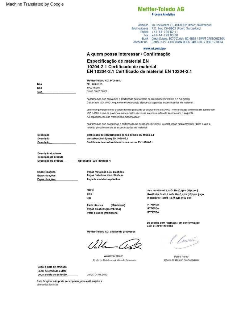 Certificações ISO para Peças Metálicas e Plásticas | PDF