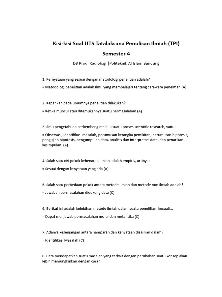 Kisi-Kisi Soal UTS Tatalaksana Penulisan Ilmiah (TPI) | PDF
