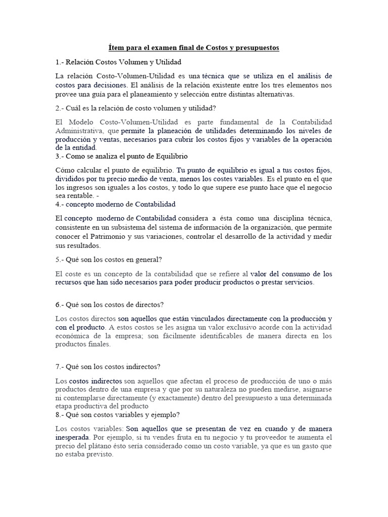 Ítem para El Examen Final de Costos y Presupuestos - 2023 | PDF | Presupuesto | Contabilidad