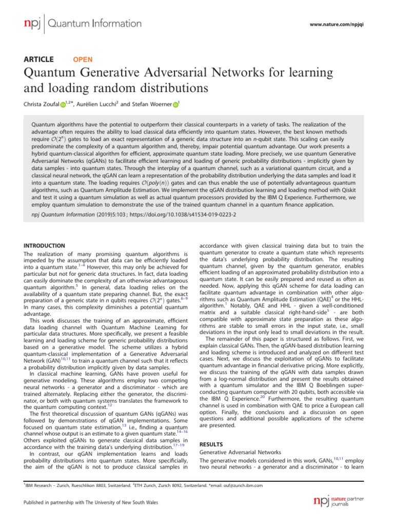 Quantum Generative Adversarial Networks For Learning and Loading Random Distributions (Nature ...