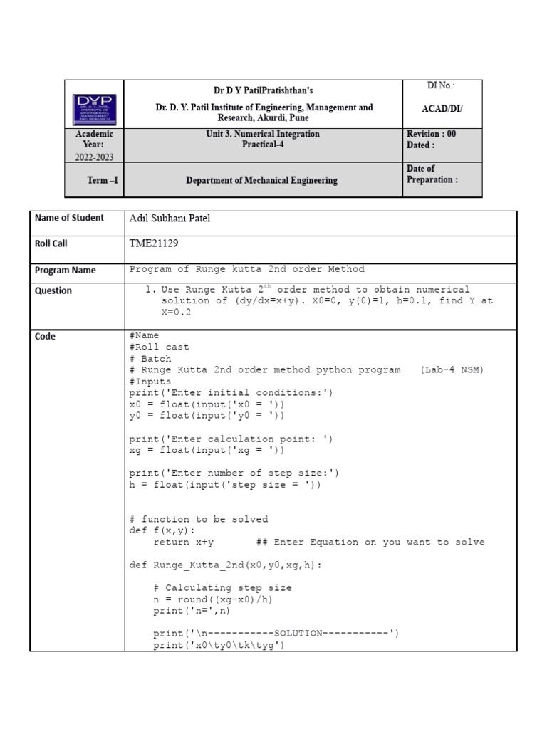 NSM Runge Kutta 2nd Order Lab 4a | PDF | Teaching Methods & Materials