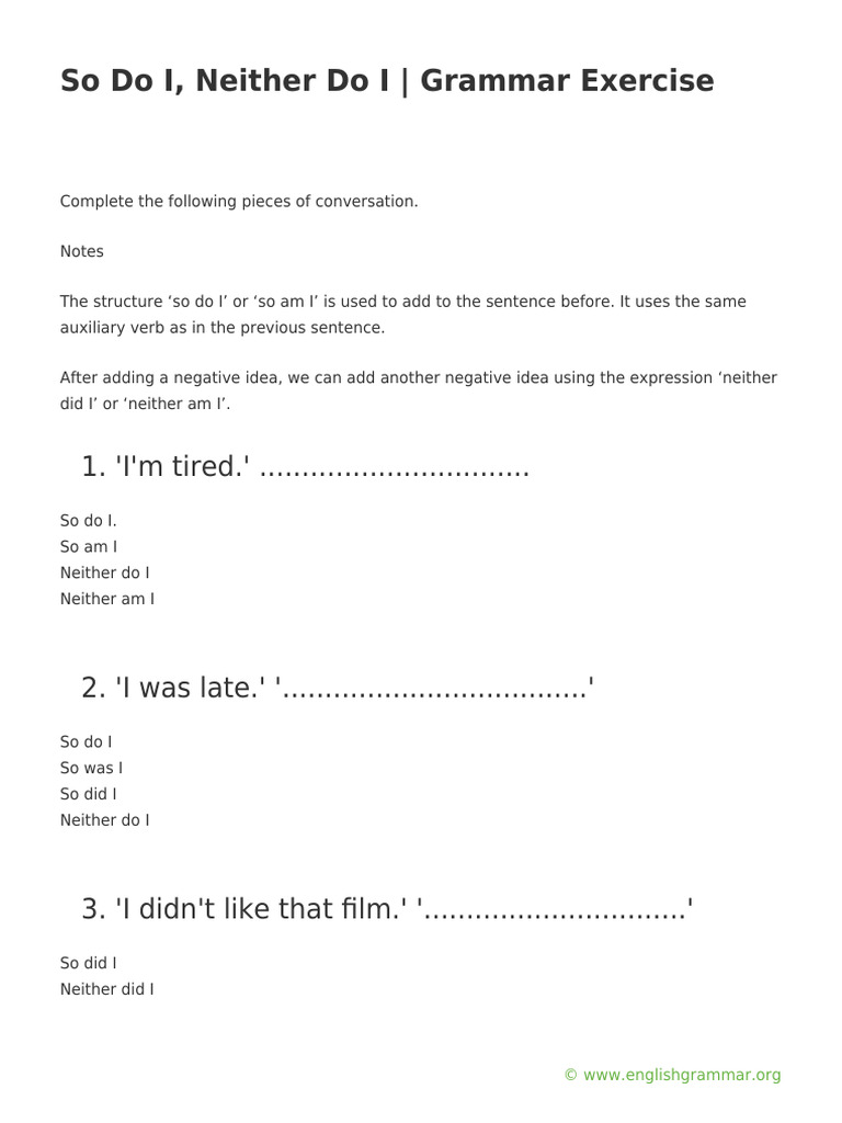 So Do I, Neither Do I - Grammar Exercise | PDF