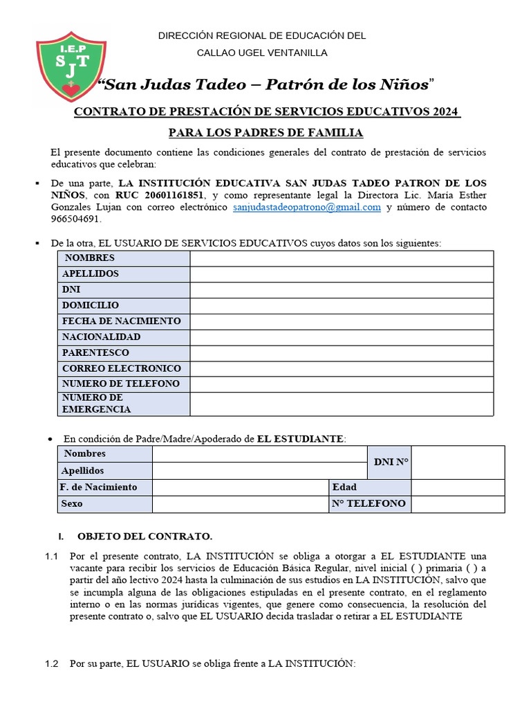 Contrato Servicios Educativos 2024 | PDF