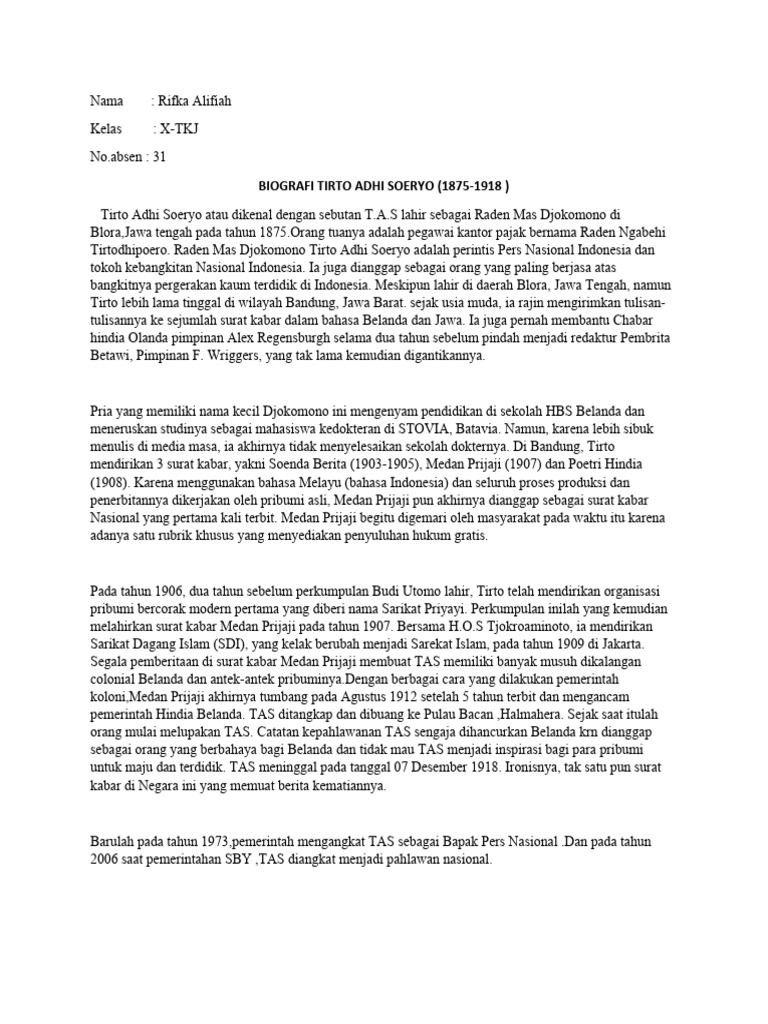 Biografi Tirto Adhi Soeryo (1875-1918) | PDF