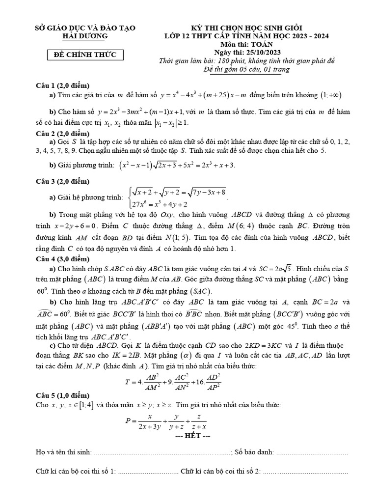 De Hoc Sinh Gioi Toan 12 THPT Cap Tinh Nam 2023 2024 So GDDT Hai Duong | PDF