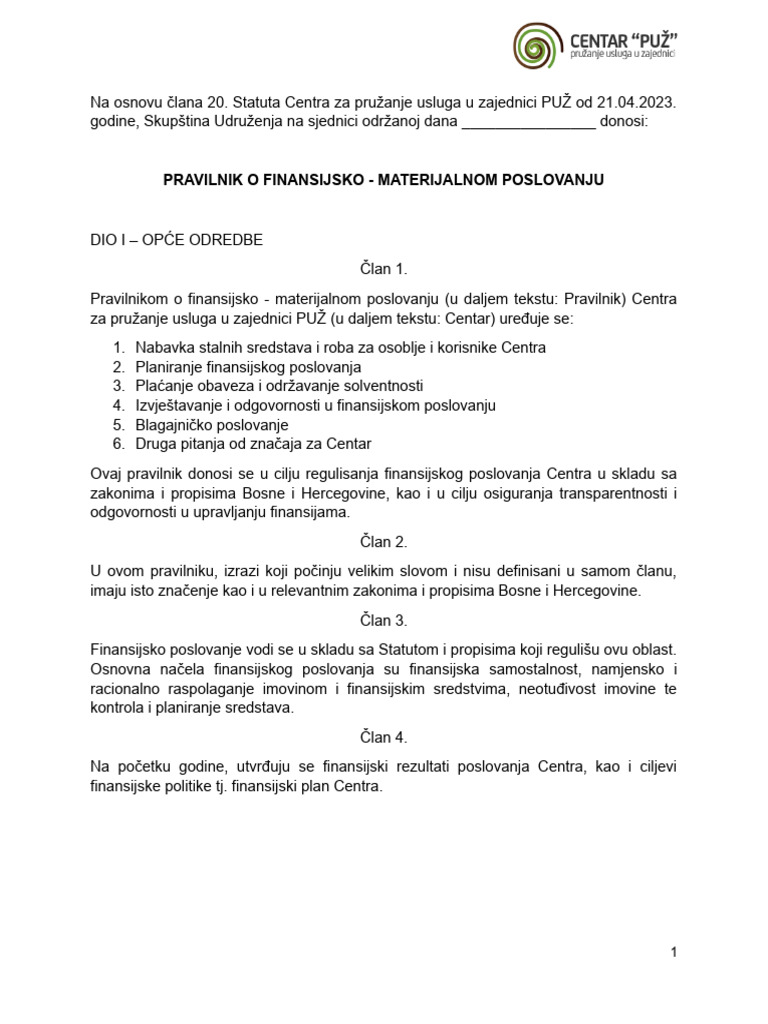 Pravilnik o Finansijsko Materijalnom Poslovanju PUŽ | PDF