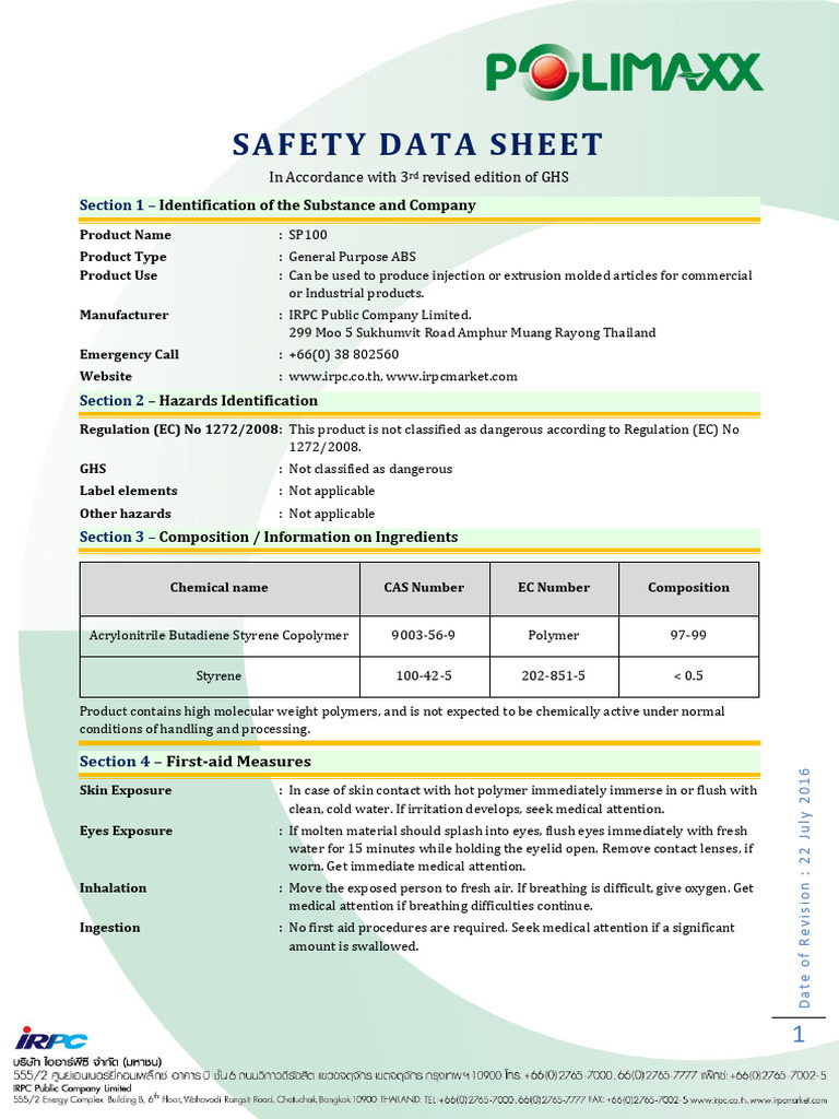Abs Irpc Polimaxx SP100 MSDS | PDF | Dangerous Goods | Working Conditions