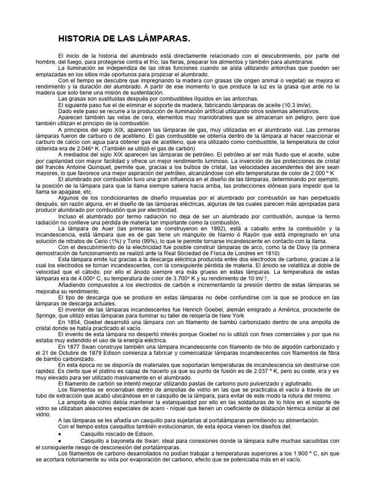 Historia de Las Lámparas | PDF | Luz de la calle | Radiación electromagnética