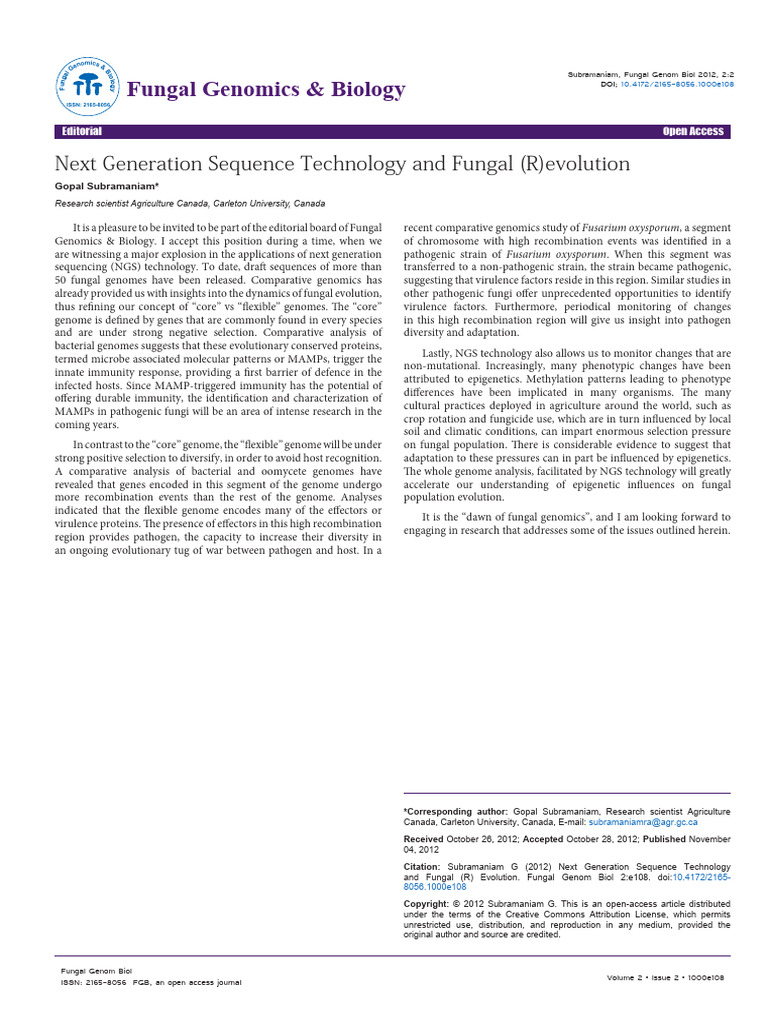 Next Generation Sequence Technology and Fungal Revolution 2165 8056.1000e108 | PDF | Genomics ...