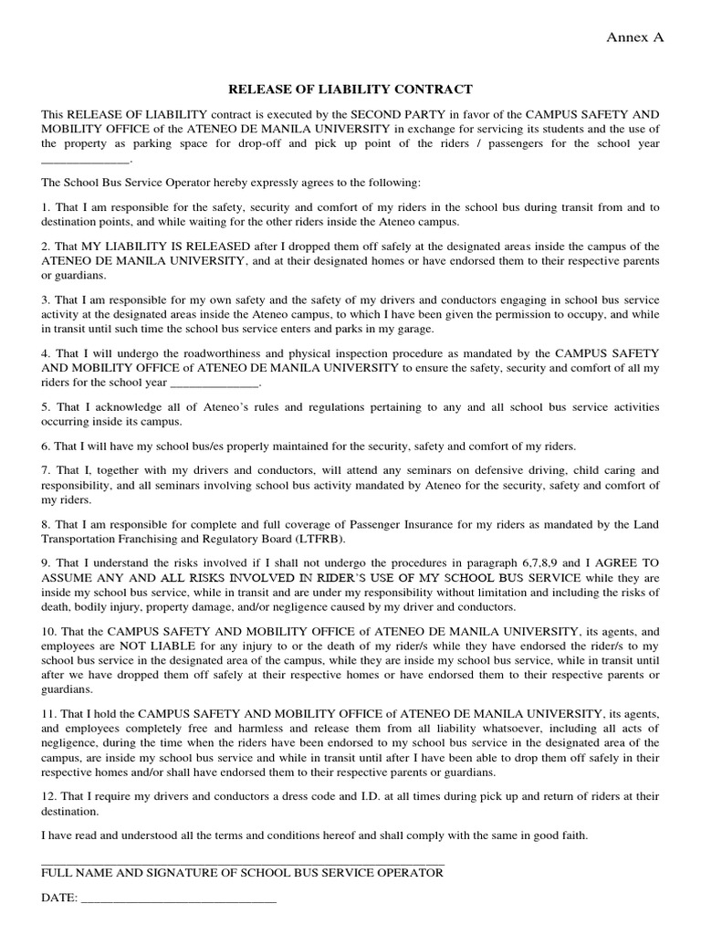 Release of Liability Contract - ANNEX A | PDF