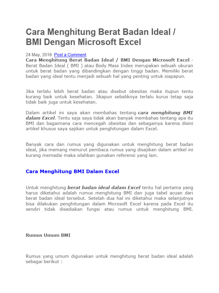 Cara Hitung BMI di Excel | PDF
