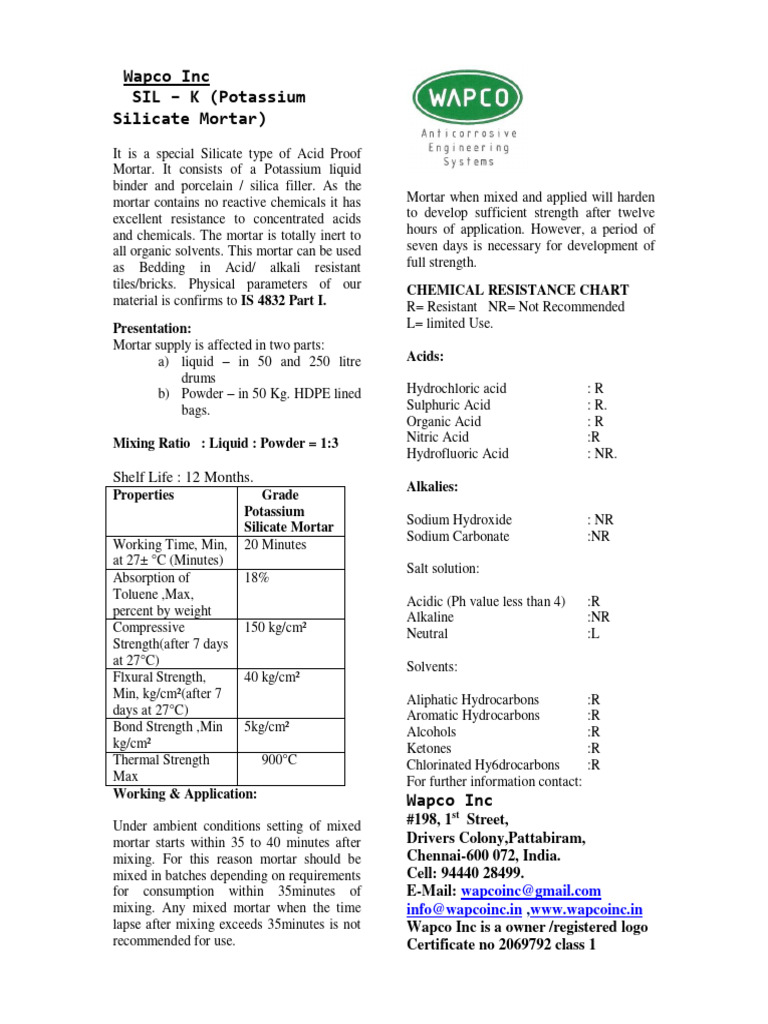 SIL-K Mortar As Per IS 4832, Part I Potassium Silicate | Download Free PDF | Acid | Diet & Nutrition