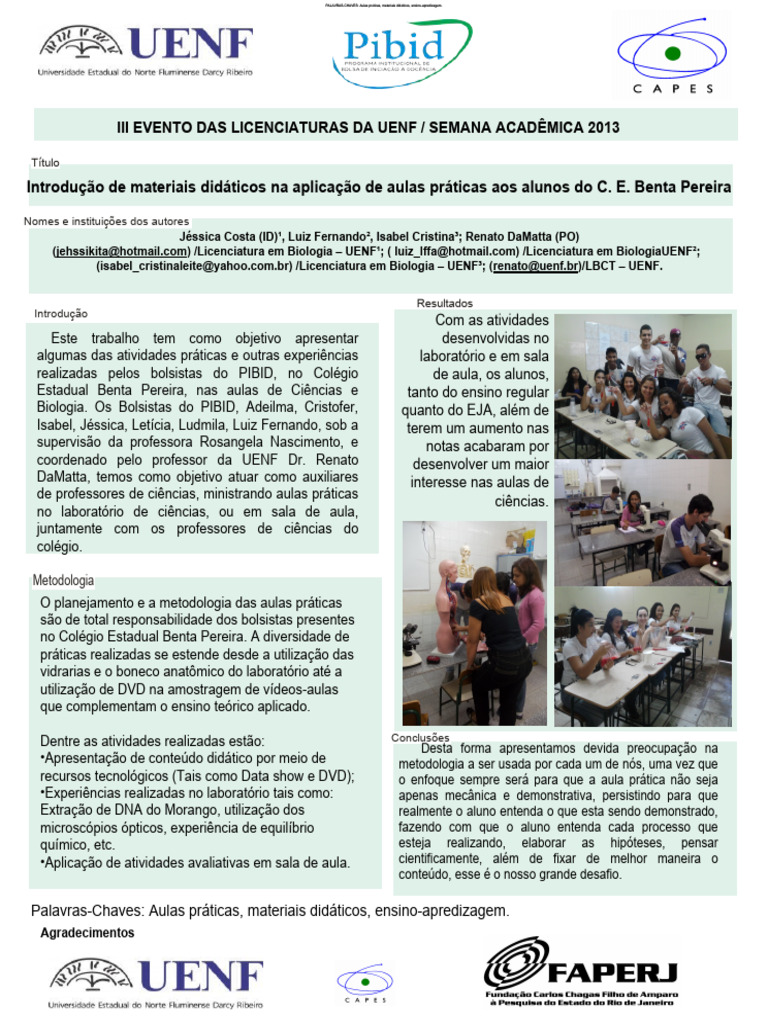 MODELO DE BANNER PIBID - UENF - Benta Pereira | PDF | Science | Lição
