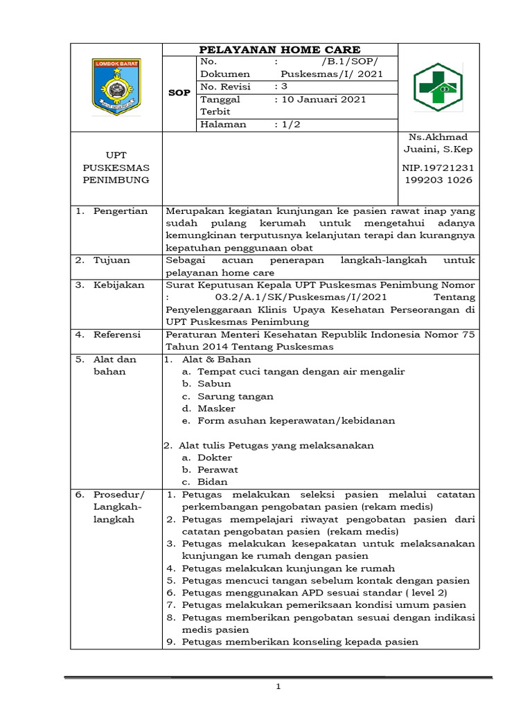 Sop 2021 Pelayanan Home Care | PDF