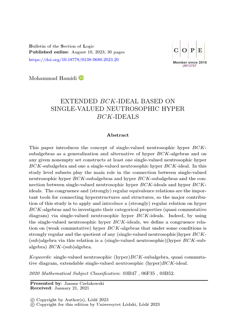 Extended BCK-Ideal Based On Single-Valued Neutrosophic Hyper BCK-Ideals | PDF | Mathematical ...