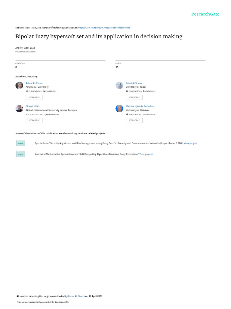 Bipolar Fuzzy Hypersoft Set and Its Application in Decision Making | PDF | Integer ...