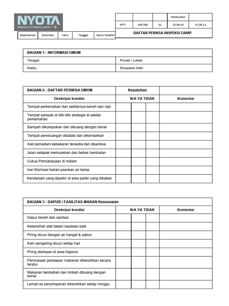 Translated Copy of Pdfcoffee - Com - Sample-Camp-Inspection-Checklist-Pdf-Free | PDF