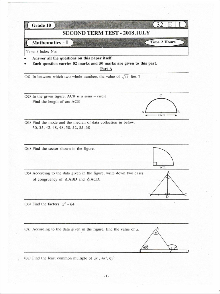 2018 Grade 10 Maths Second Term Paper English Medium Eastern Province | PDF