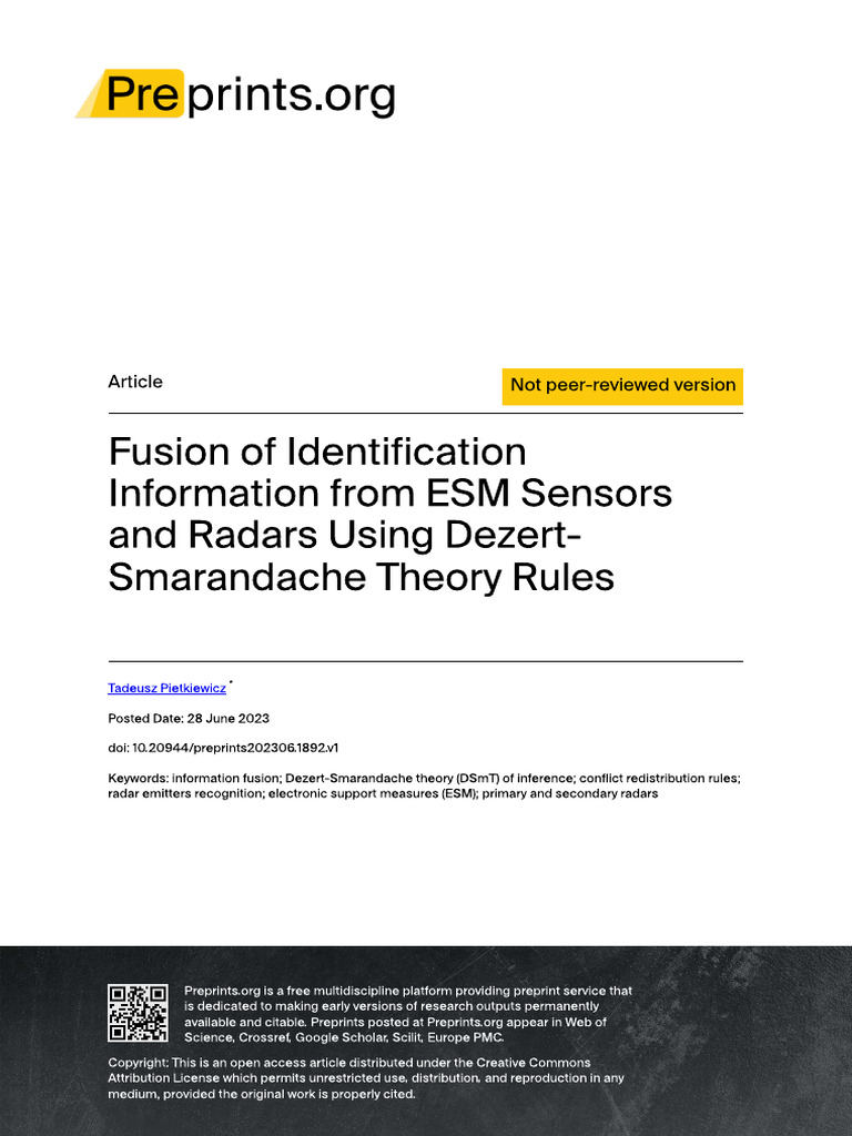 Fusion of Identification Information From ESM Sensors and Radars Using Dezert-Smarandache Theory ...
