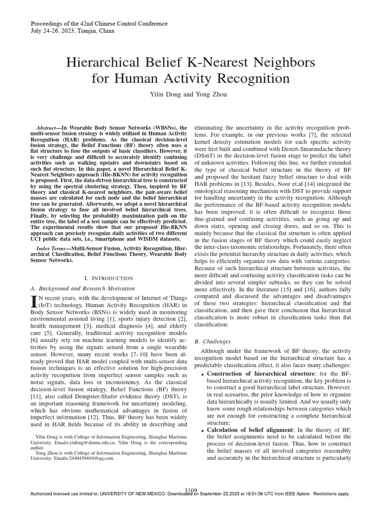 Hierarchical Belief K-Nearest Neighbors For Human Activity Recognition | PDF