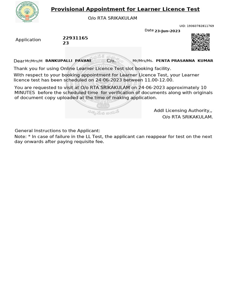 Provisional Appointment For Learner Licence Test | PDF | Technology ...