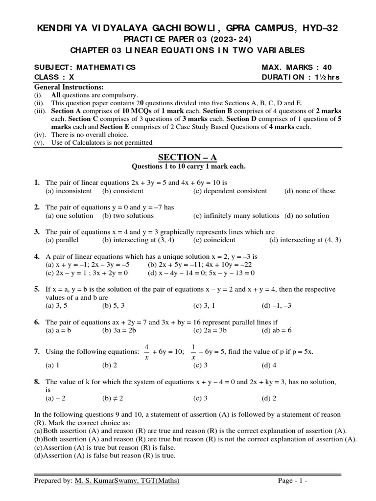 Maths Class X Chapter 03 Linear Equations in Two Variables Practice Paper 03 | PDF | System Of ...