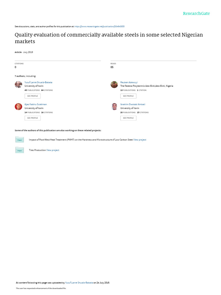 Quality Evaluation of Commercially Available Steels in Some Selected Nigerian Markets | PDF ...