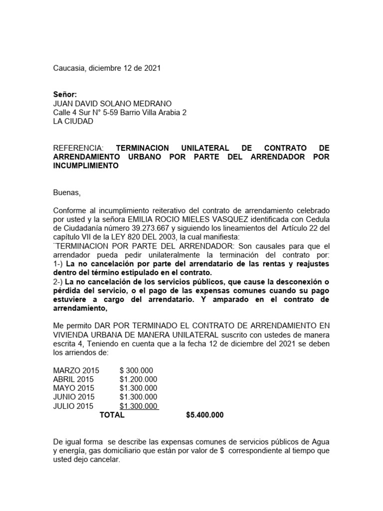 Carta - Terminacion Unilateral Contrato de Arrendamiento Por ...