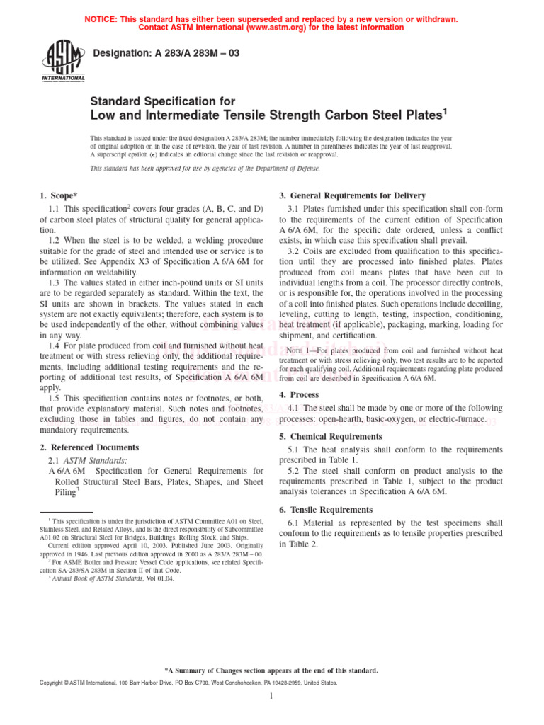 ASTM A283 A283M 03 - Pre | PDF | Structural Steel | Stress (Mechanics)