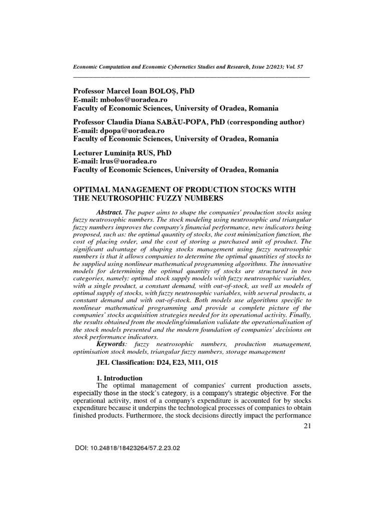 Optimal Management of Production Stocks With The Neutrosophic Fuzzy ... Optimal Management of Production Stocks With The Neutrosophic Fuzzy ...