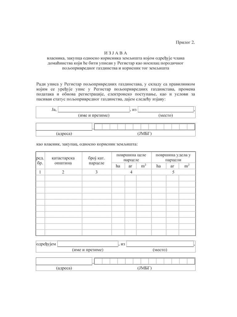 Prilog 2 Izjava Vlasnika, Zakupca Odnosno Korisnika Zemlista Kojim ...