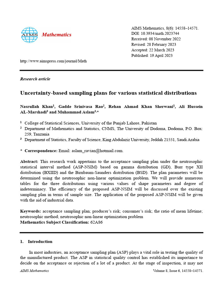 Uncertainty-Based Sampling Plans For Various Statistical Distributions ...