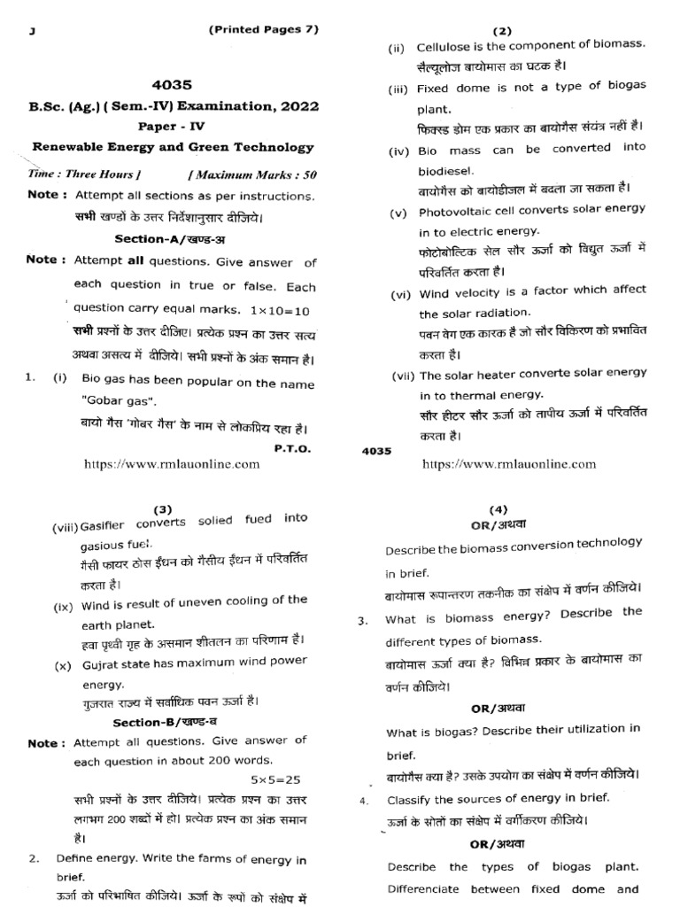 BSC 4 Sem Ag Renewable Energy and Green Technology 4035 2022 | PDF