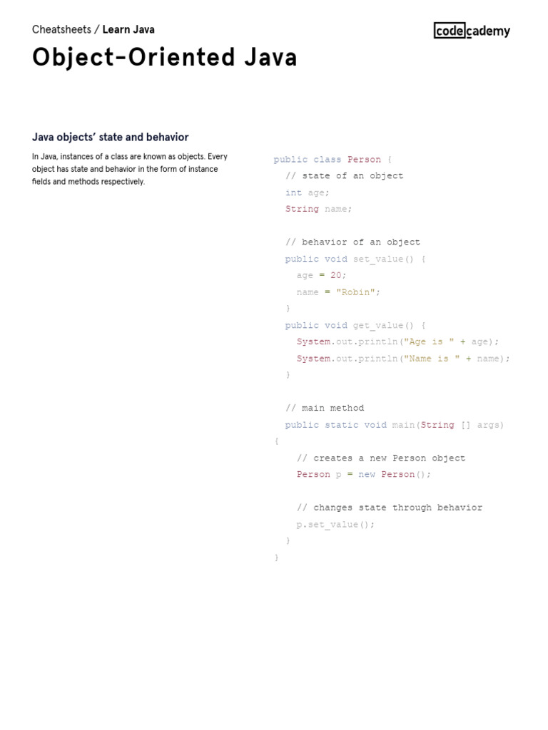 3 Learn Java Object Oriented Java Cheatsheet Codecademy Pdf
